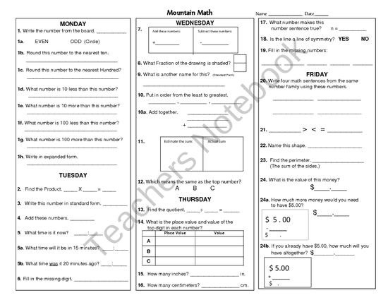 4th Grade Mountain Math Worksheet