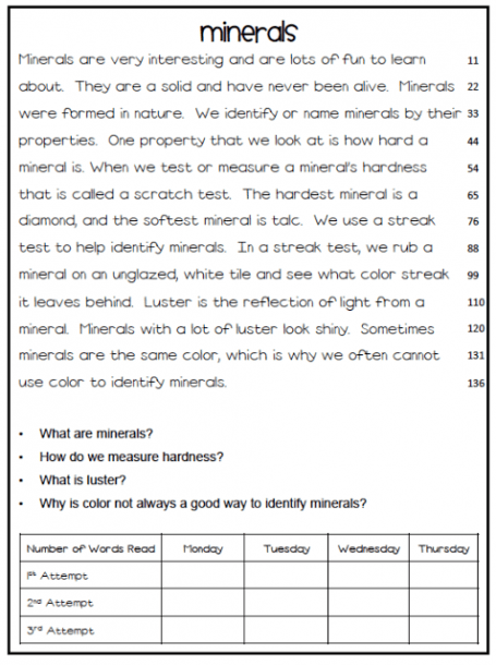 4th Grade Reading Fluency Worksheets